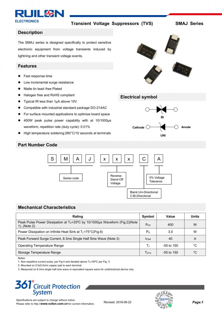 SMAJ18A datasheet page 1