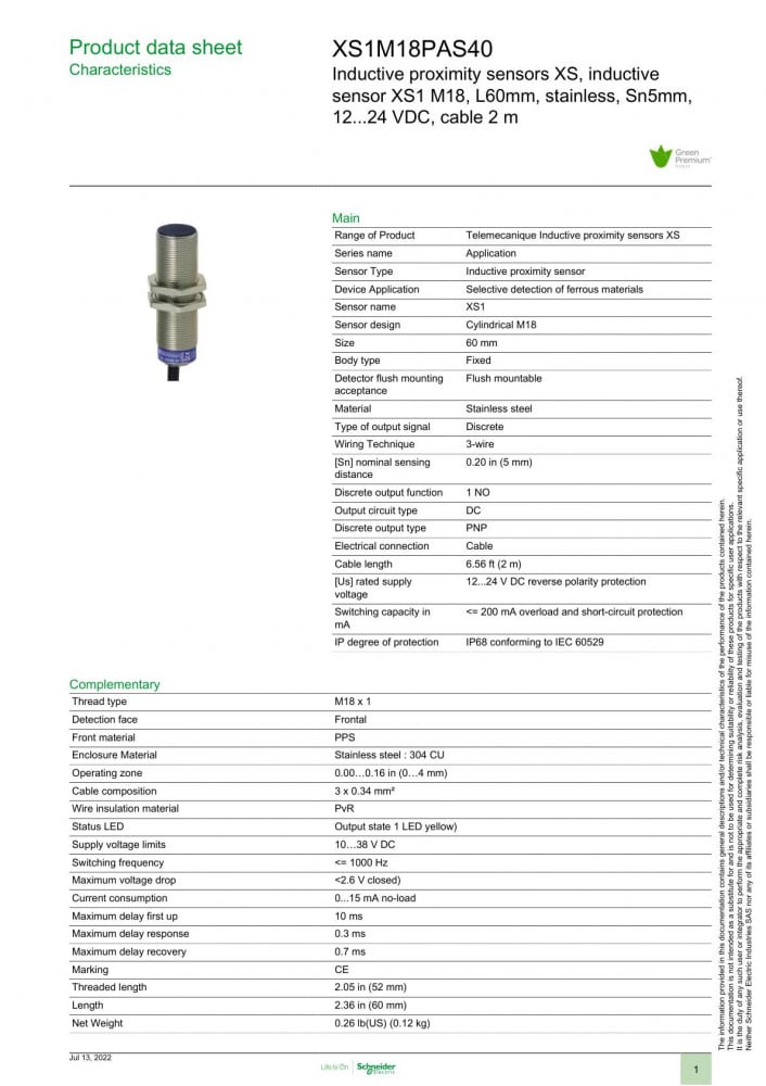 XS1M18PAS40 technical document page 1