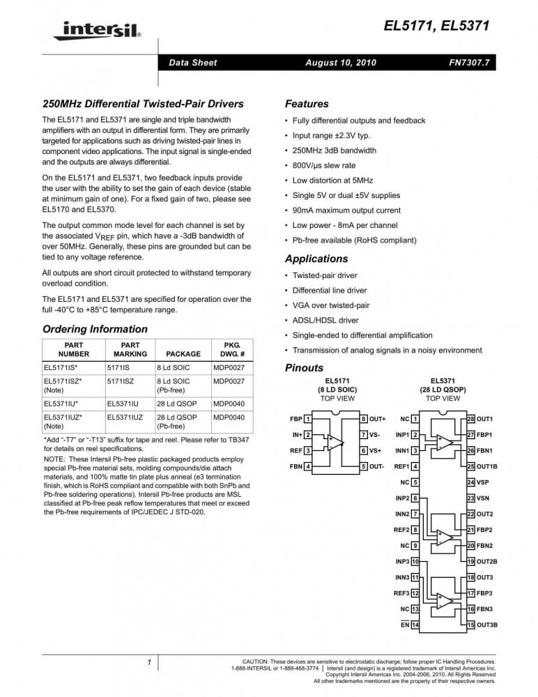 EL5171IS datasheet page 1