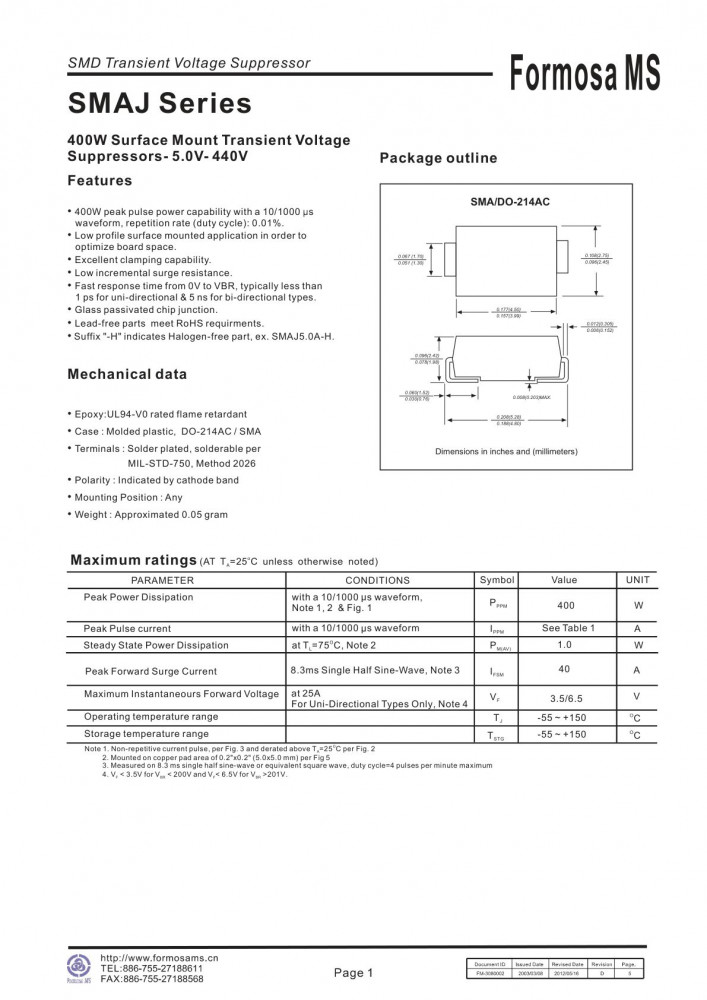 FMS SMAJ series datasheet page 1