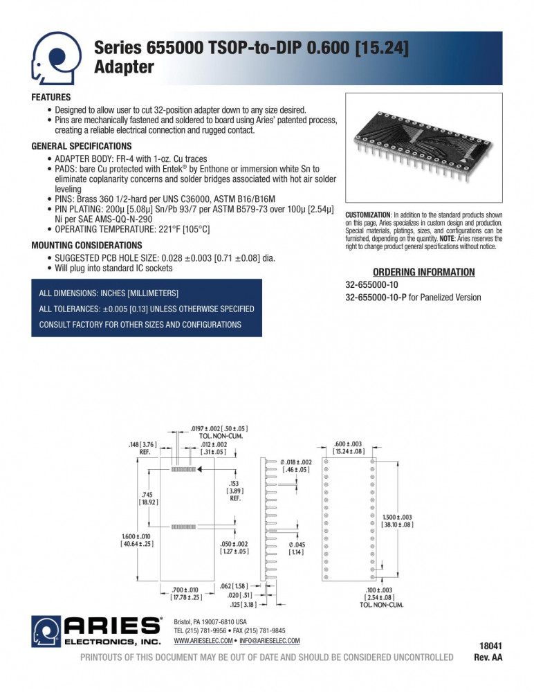 Product documentation image for Aries Electronics model 18041