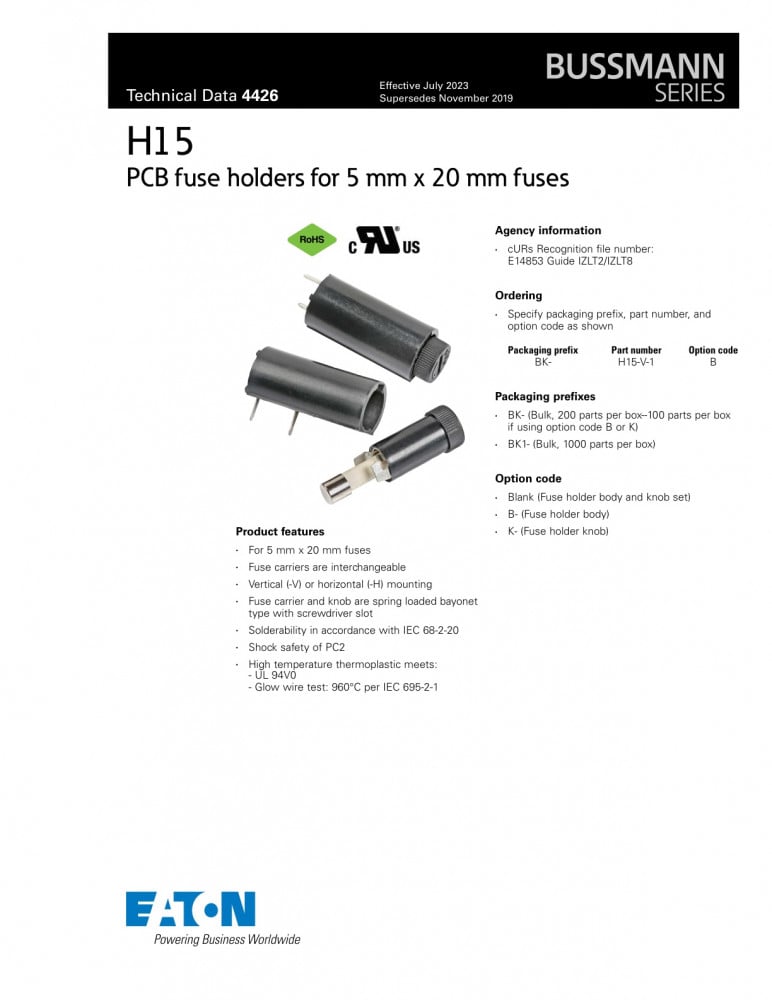 EATON H15 PCB fuse holder product features and ordering information