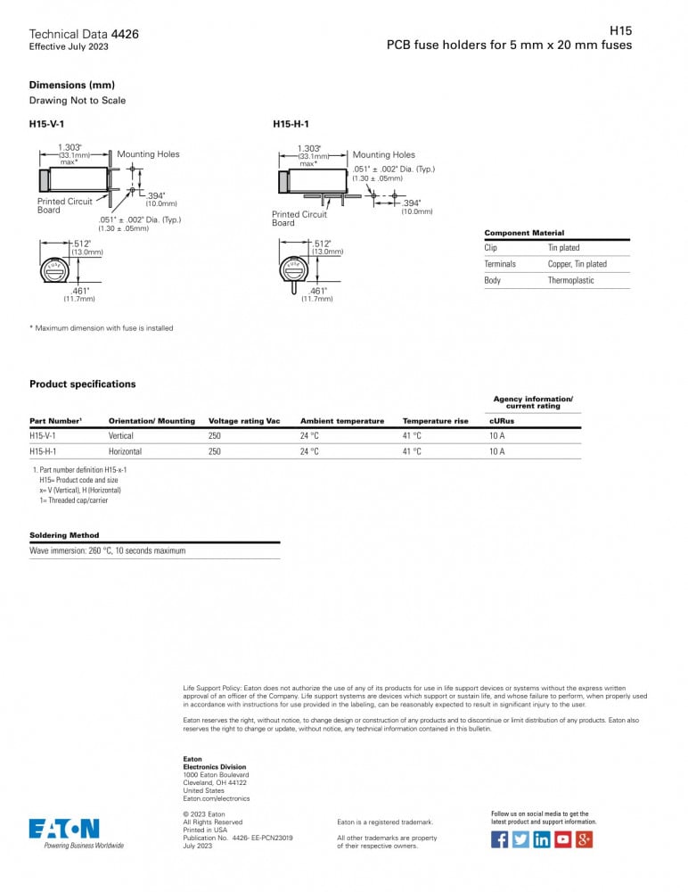 EATON H15-V-1 dimensions, materials and soldering information