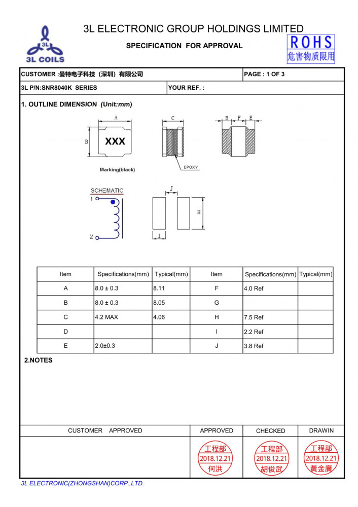 SNR8040K series outline dimensions and marking