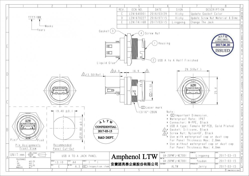 Amphenol LTW UA-20PMFJ-NC7001 product drawing