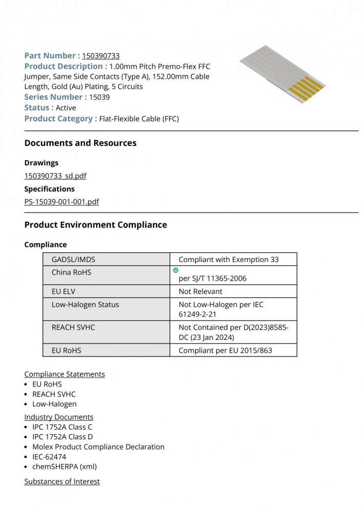 Molex 1.00 mm pitch FFC family specification, page 1