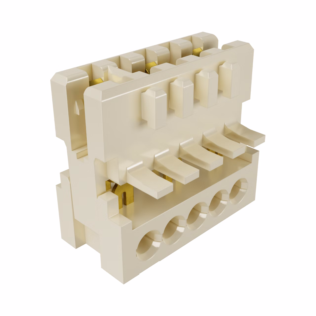 Appli-Mate RAST 2.5 Connector, 2.50mm Pitch, Female, 5 Circuits, Positions A and F Removed, Polarizing Rib Between 2/3, Locking Pips, Slotted Endwalls, Gold Plating