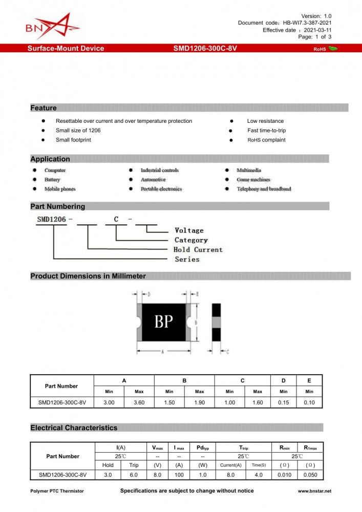 BNstar SMD1206-300C-8V datasheet page 1