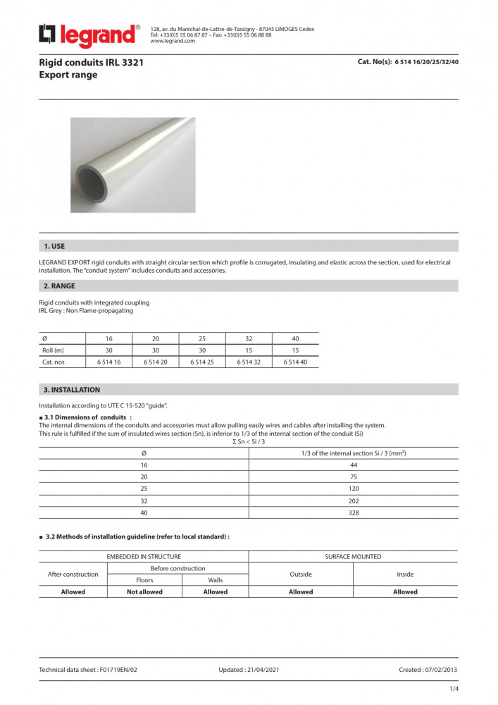 Legrand conduit technical document page 1
