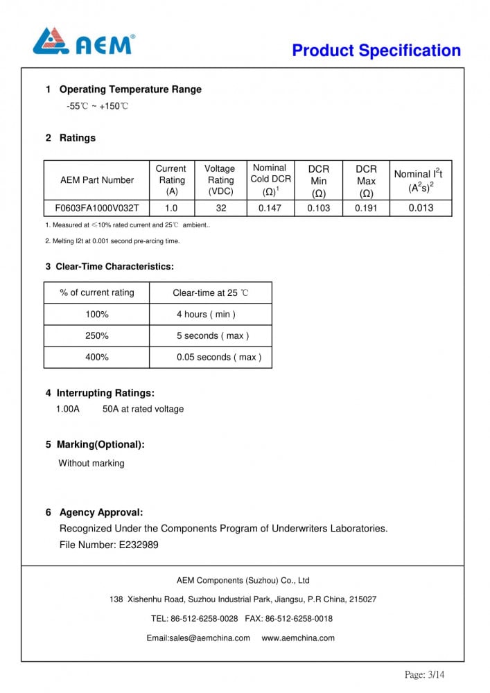 AEM F0603FA1000V032T datasheet page 3