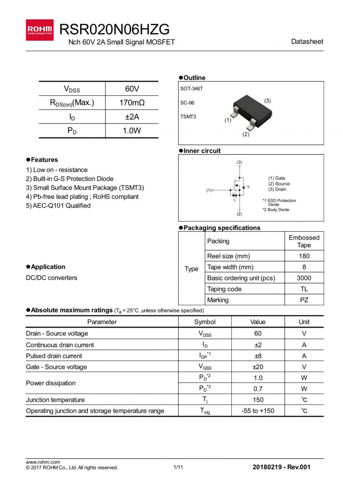 RSR020N06HZGTL datasheet page 1
