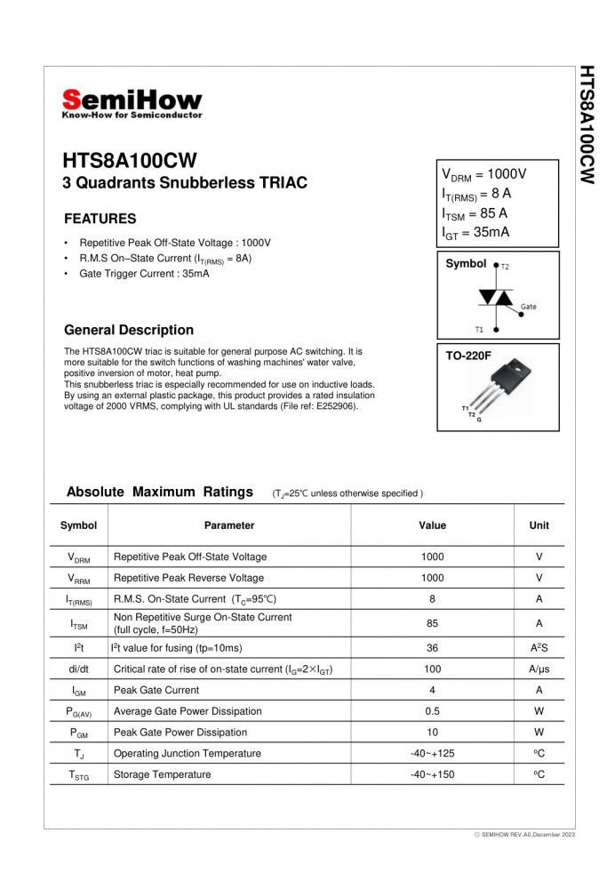 HTS8A100CW datasheet page 1