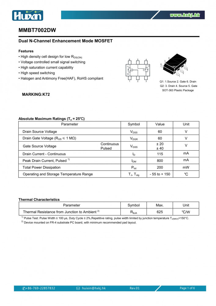 MMBT7002DW datasheet page 1