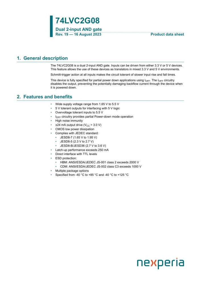 74LVC2G08 datasheet page 1