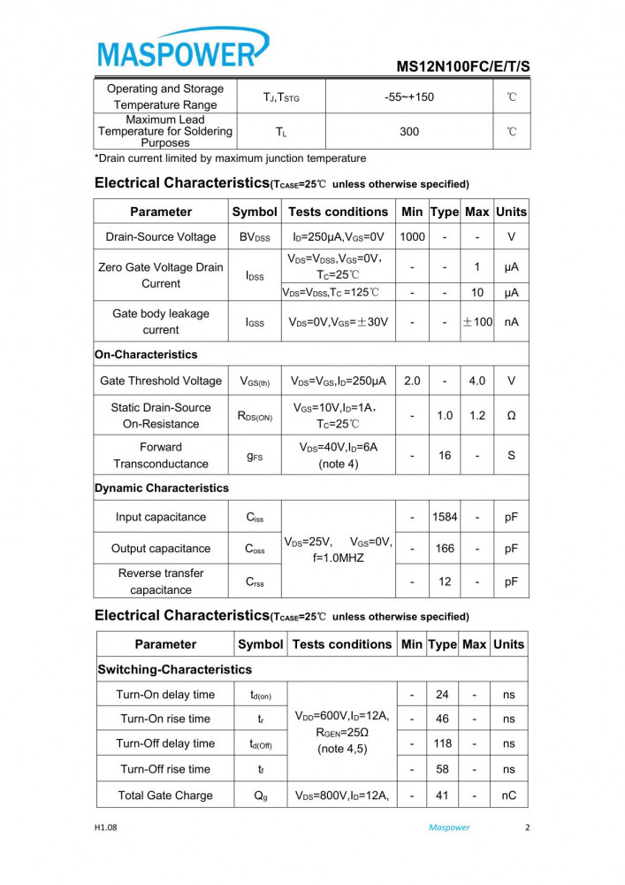 MS12N100FE datasheet page 2