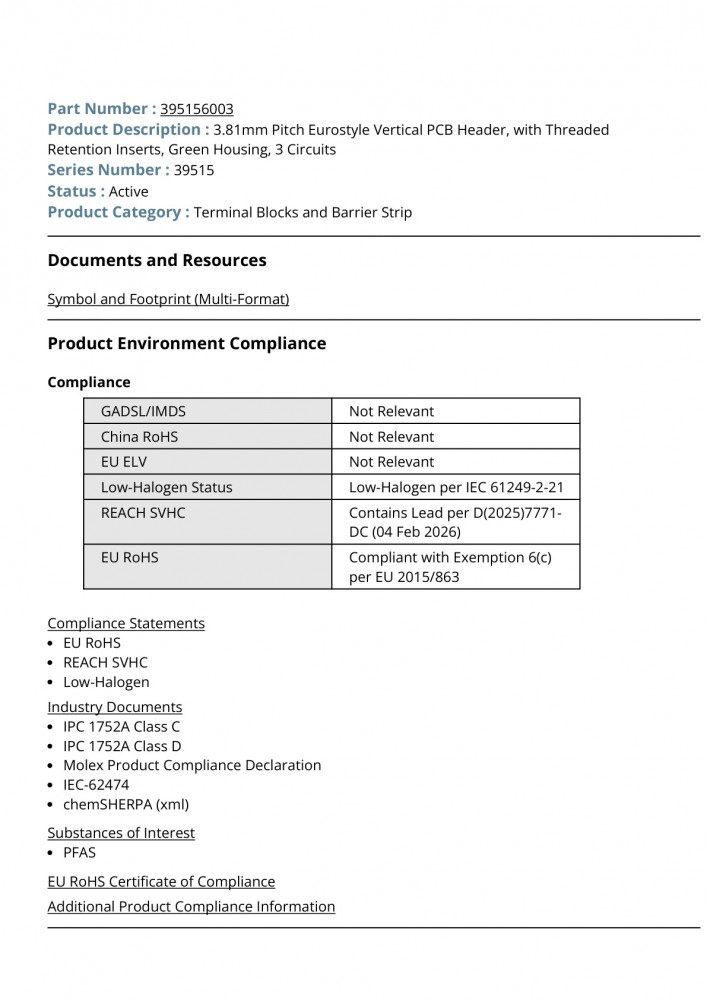 Technical document page 1 for Molex 395156003