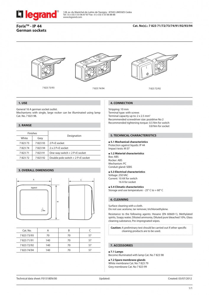 Technical document image for Legrand catalog number 7 823 73