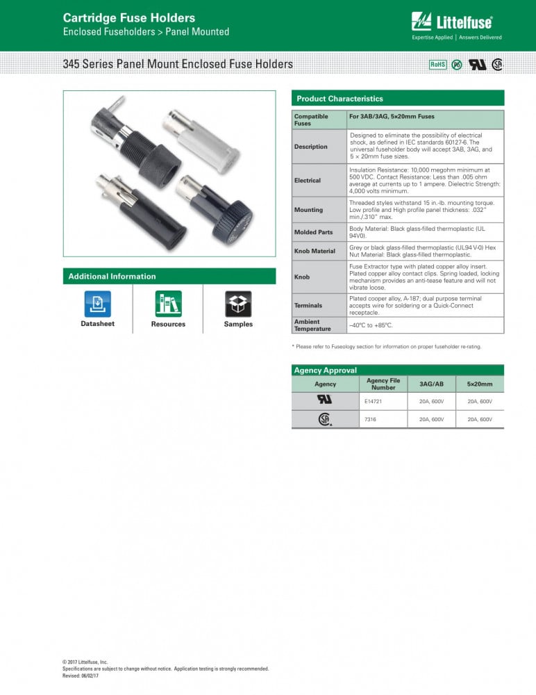 Littelfuse 345 Series dimensions and hole pattern