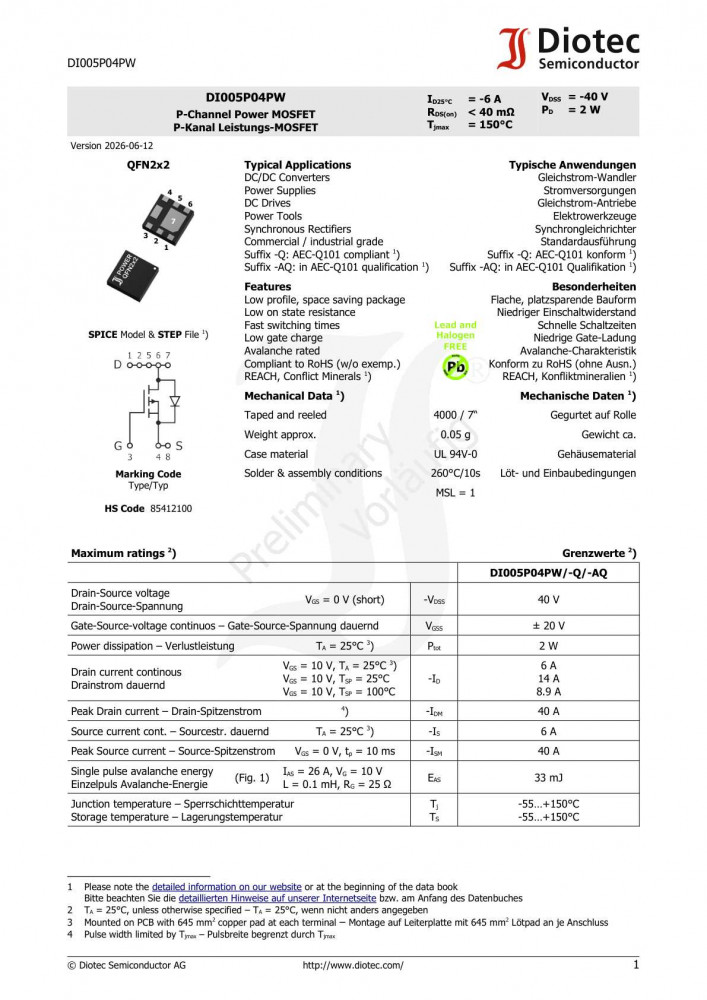 DIOTEC DI005P04PW datasheet page 1