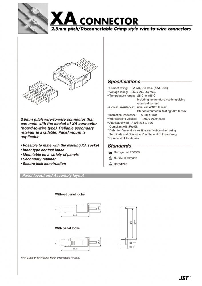 JST XA connector technical documentation page 1