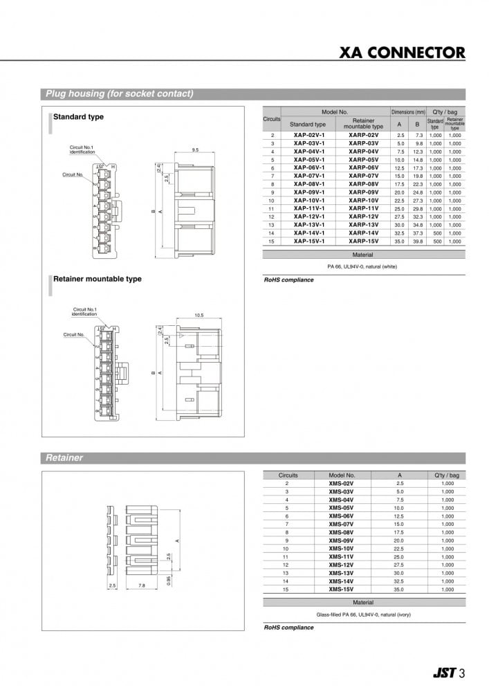 JST XA connector technical documentation page 3