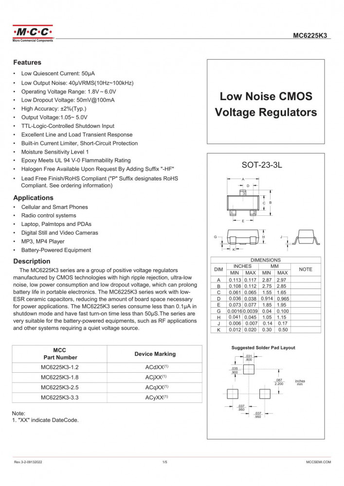 MC6225K3-3.3-TP datasheet page 1