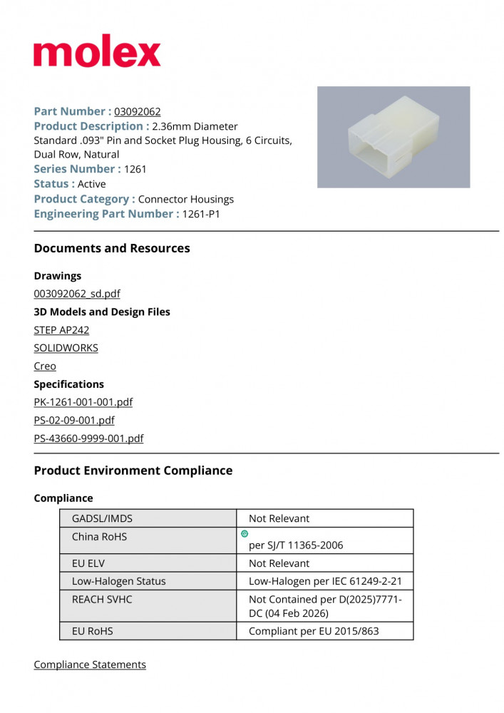 MOLEX .093 standard pin terminal document page 1