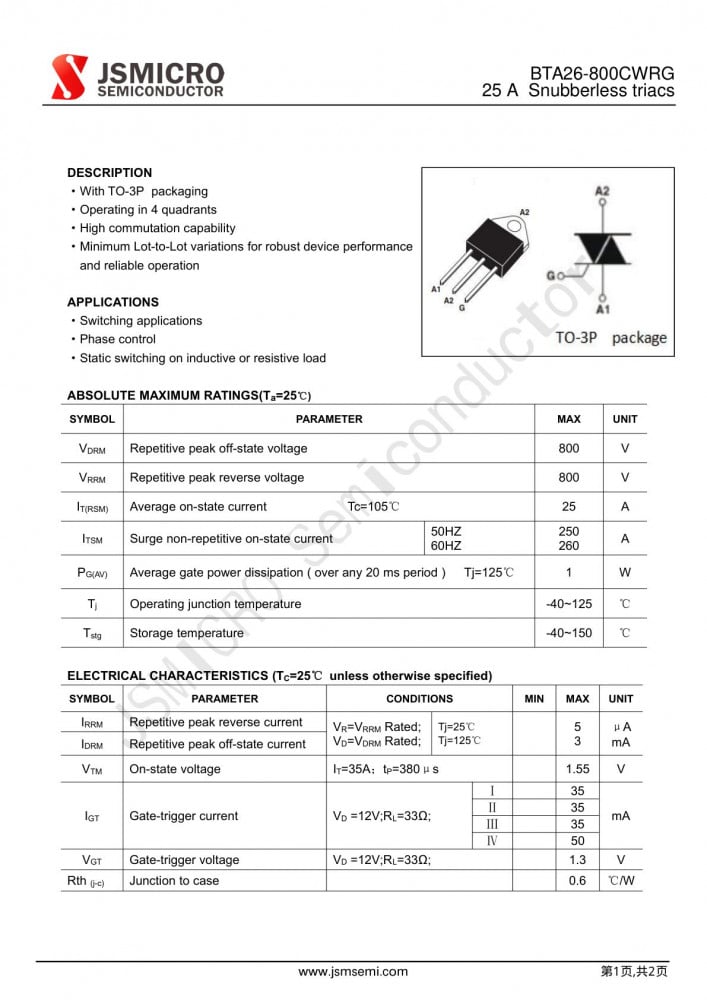 BTA26-800CWRG datasheet page 1