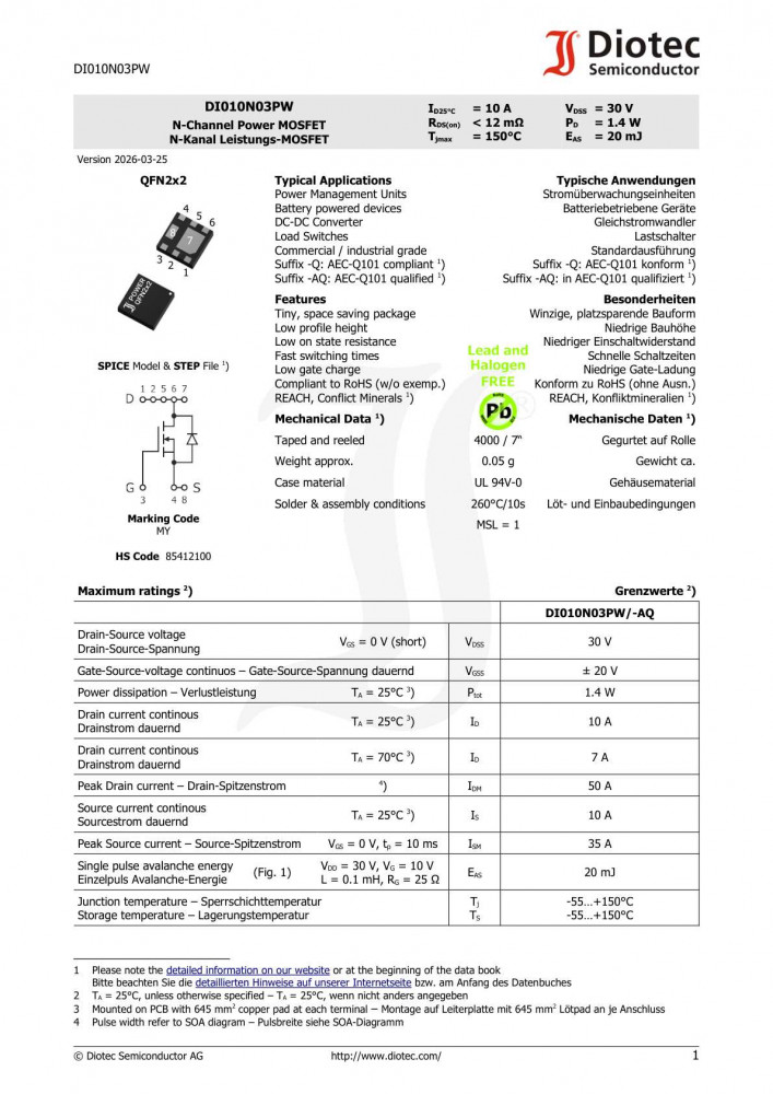 DI010N03PW datasheet page 1