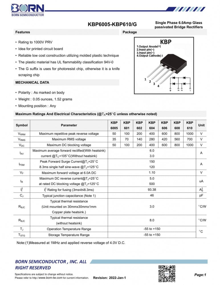 BORN KBP610 datasheet page 1