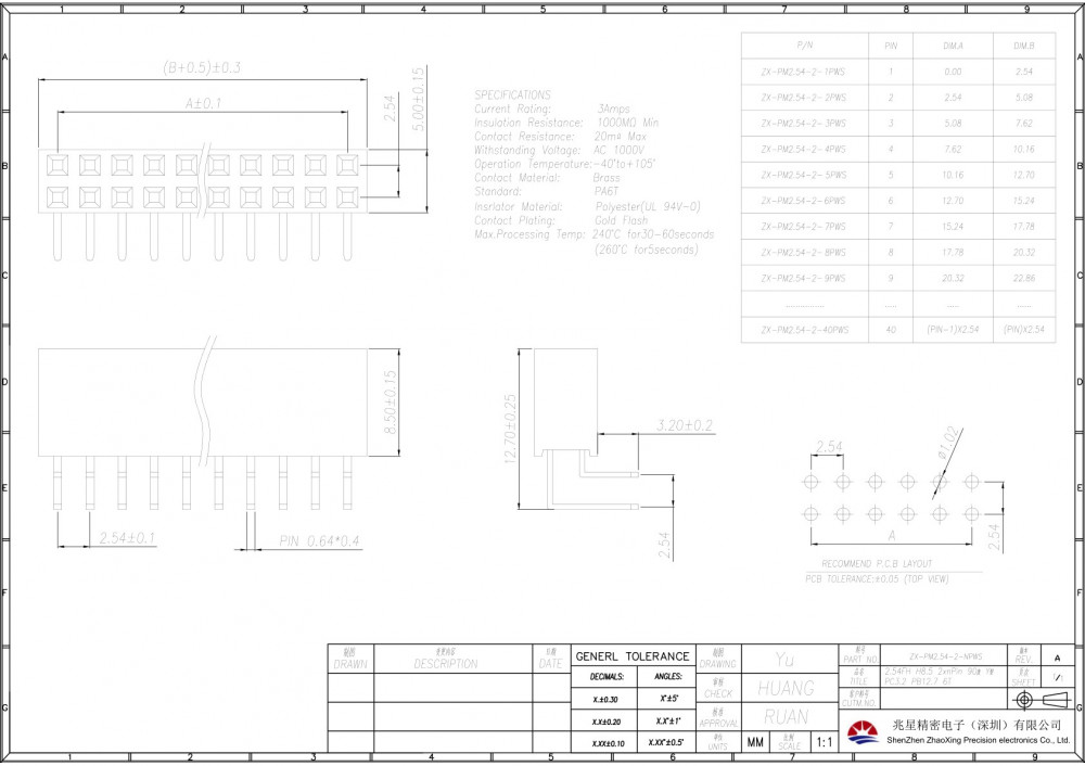 Megastar ZX-PM2.54-2-9PWS technical drawing and specification sheet