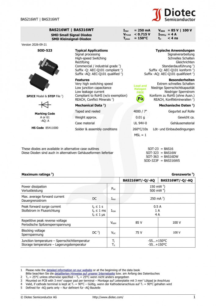 DIOTEC BAS316WT datasheet image, page 1
