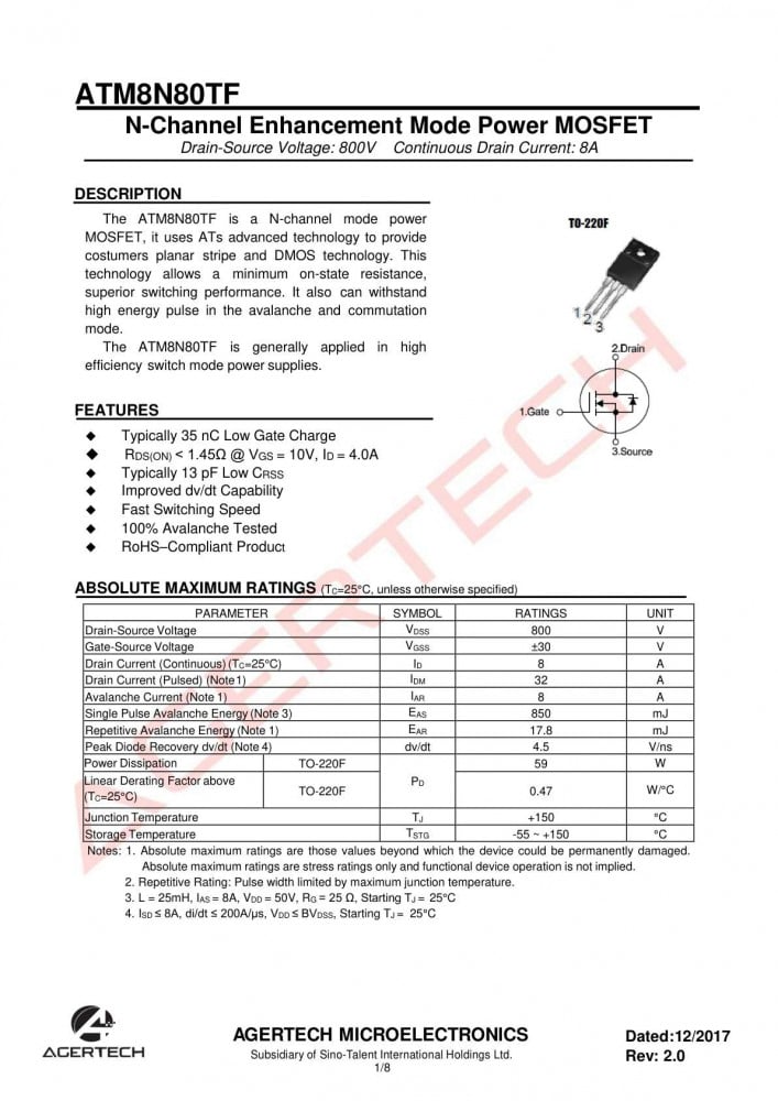 ATM8N80TF datasheet page 1