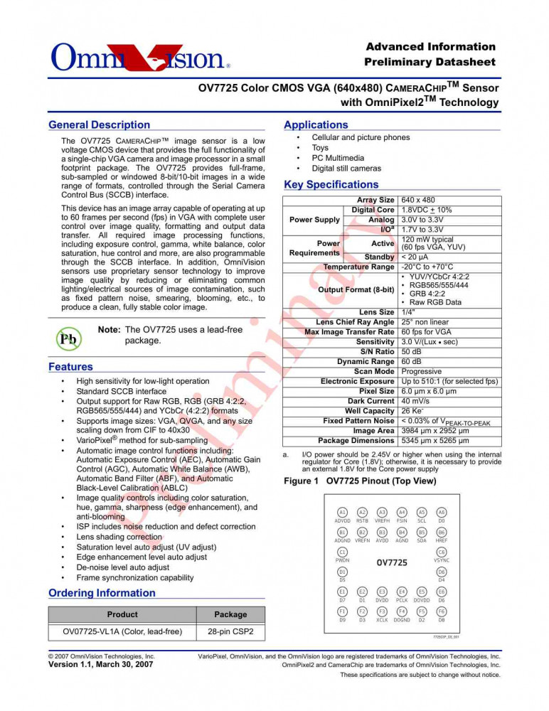 OV7725 documentation page 1
