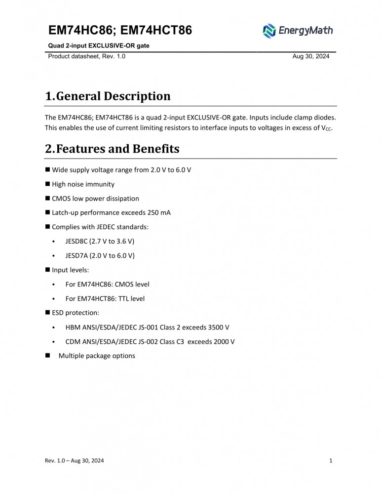 EM74HC86D datasheet page 1