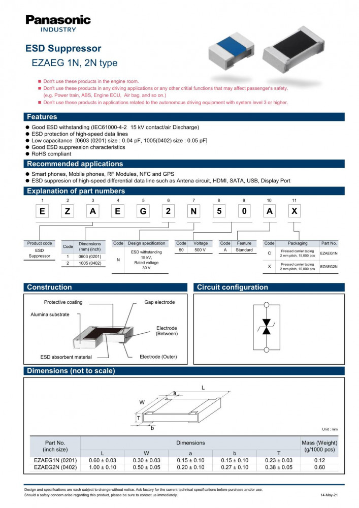EZAEG ESD suppressor datasheet page 1