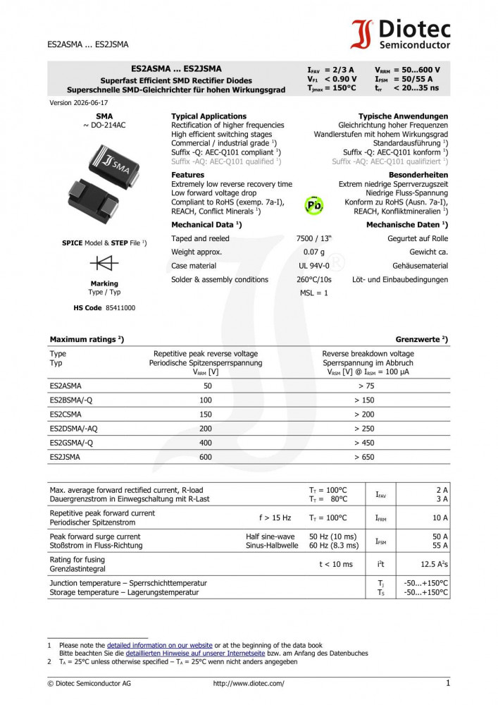 DIOTEC ES2DSMA datasheet page 1