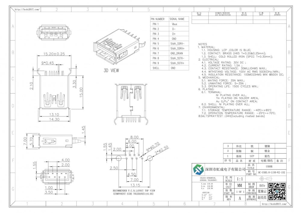 HC-USB3.0-L150-WJ-152 technical document page