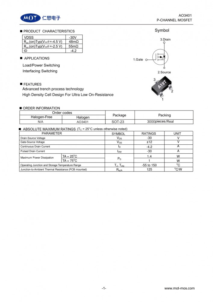 AO3401 datasheet page 1