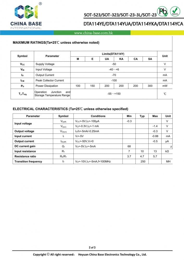 CBI DTA114YUA datasheet page 2