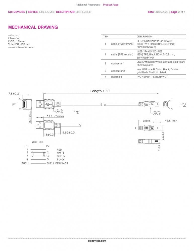 CBL-UA-MB-15BP technical document page 2