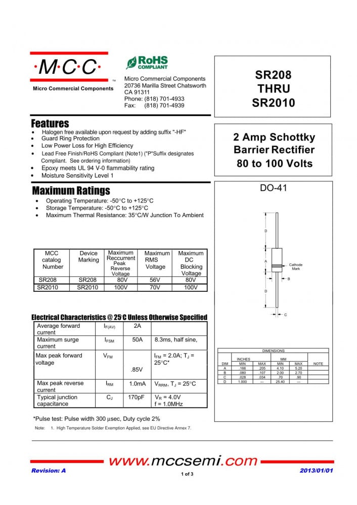 MCC SR2010-TP datasheet page 1