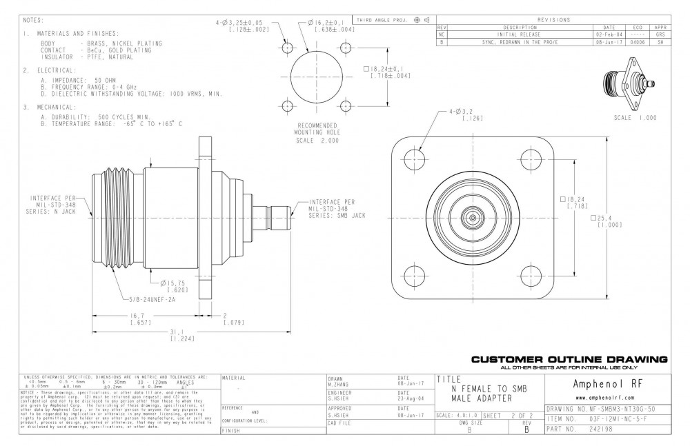 Amphenol 242198 female to SMB male adapter technical drawing
