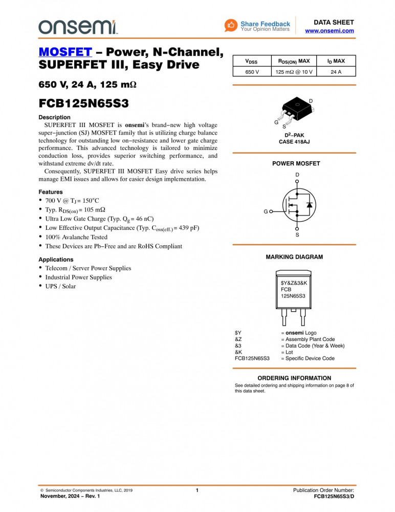 FCB125N65S3 datasheet page 1