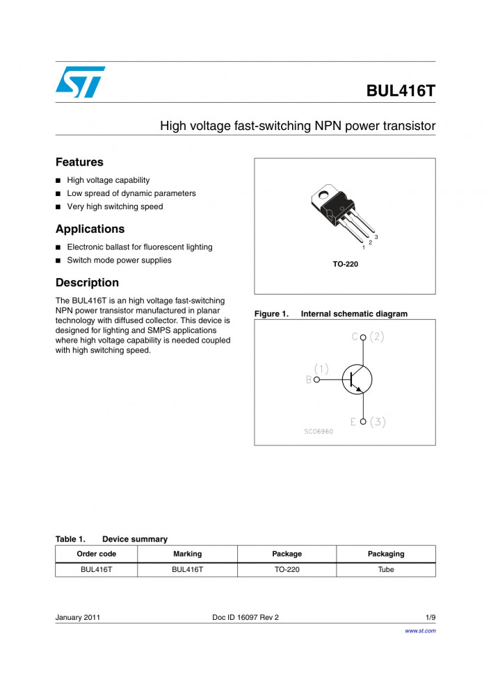 BUL416T datasheet page 1