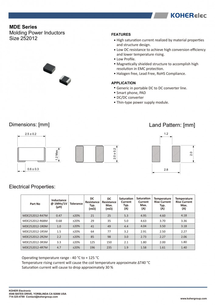 KOHERelec MDE252012 series datasheet page 1