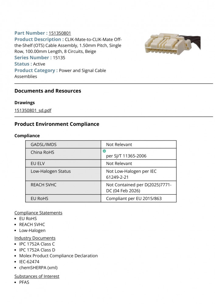 MOLEX 151350801 product drawing page 1