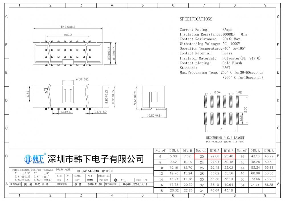 HANXIA HX JN2.54-2x10P TP H8.9 technical drawing