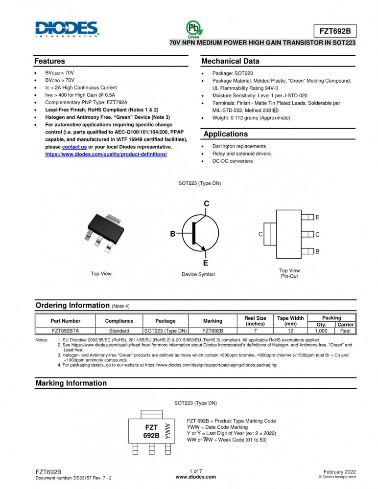 FZT692BTA datasheet page 1