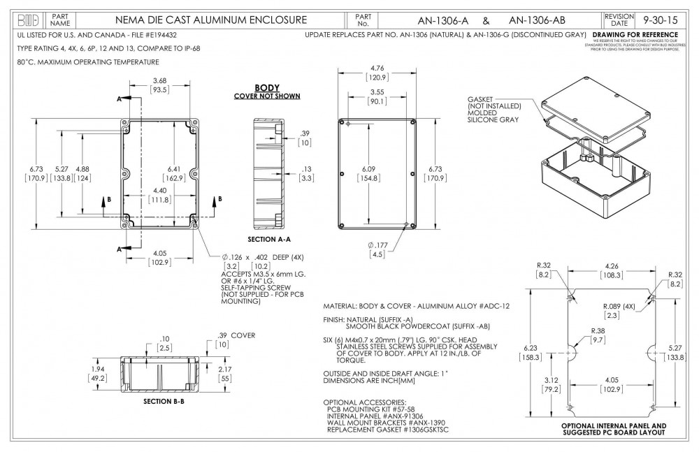 AN-1306-AB aluminum enclosure product drawing and reference information